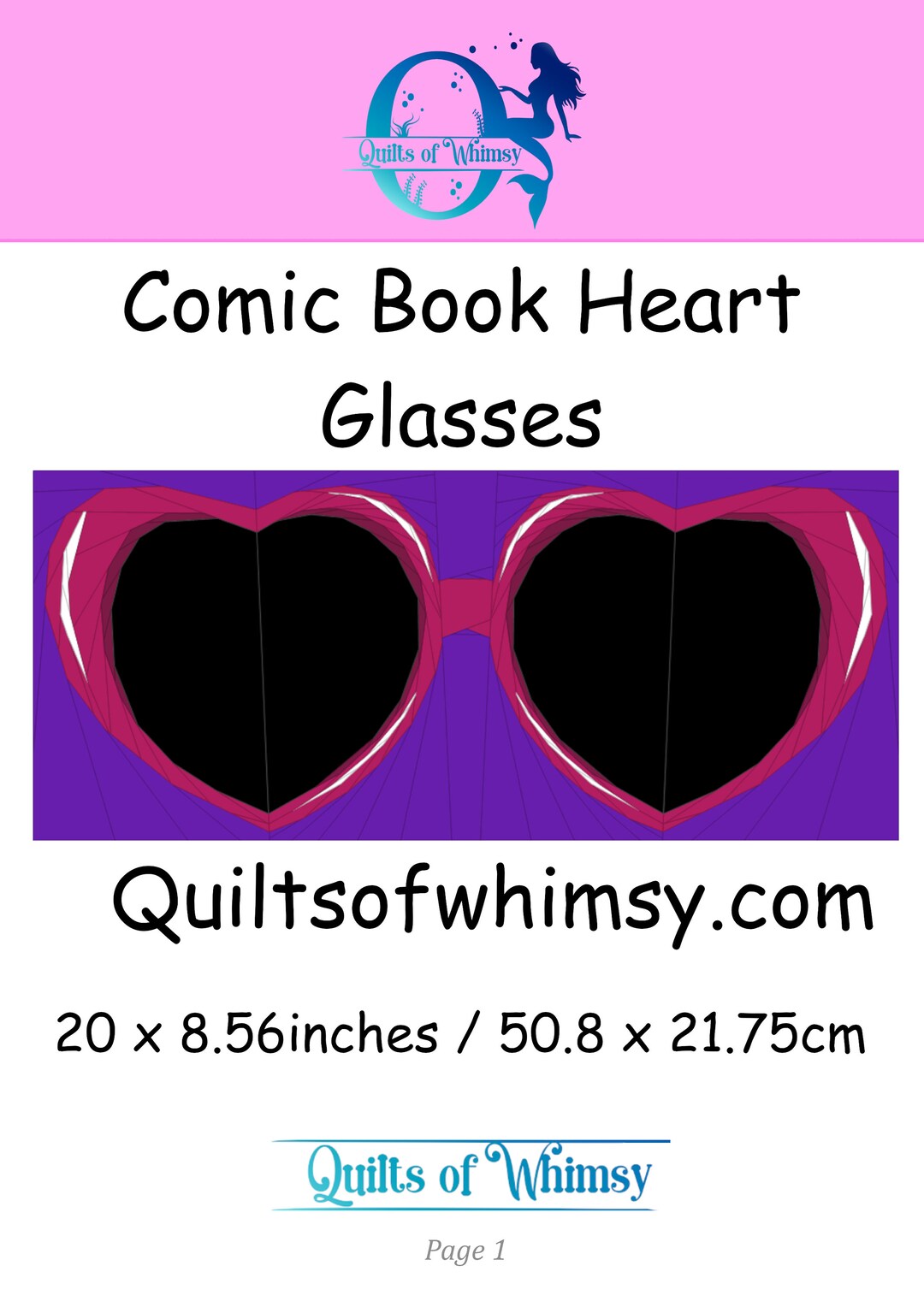 Comic Book Heart Glasses Quilt Block: FPP Pattern, 20-inch (digital ...