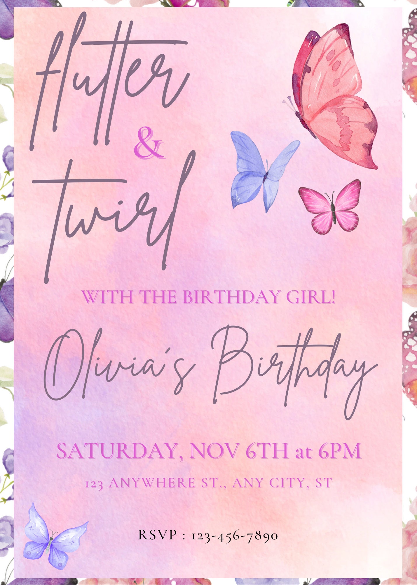 Flutter & Twirl Birthday Invitation Template, Editable Instant Download ...