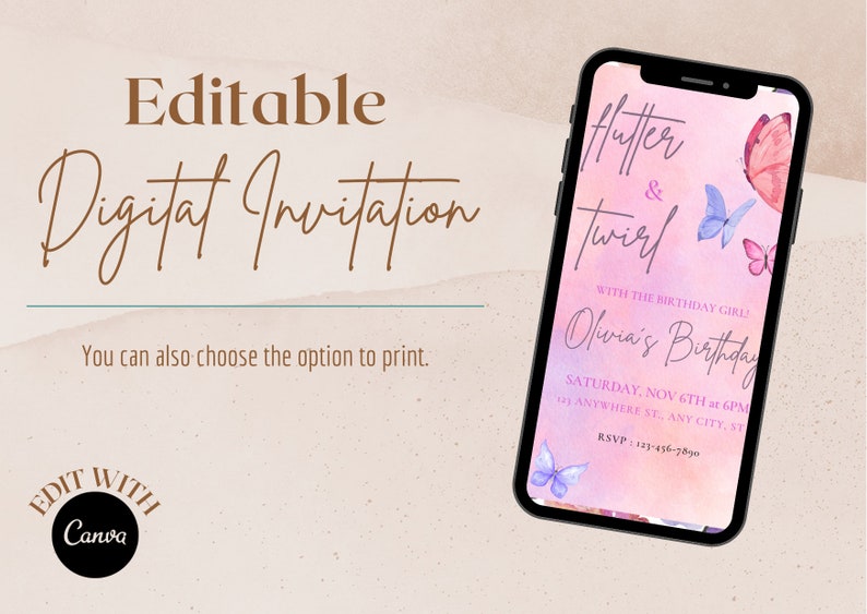 Flutter & Twirl Birthday Invitation Template, Editable Instant Download ...