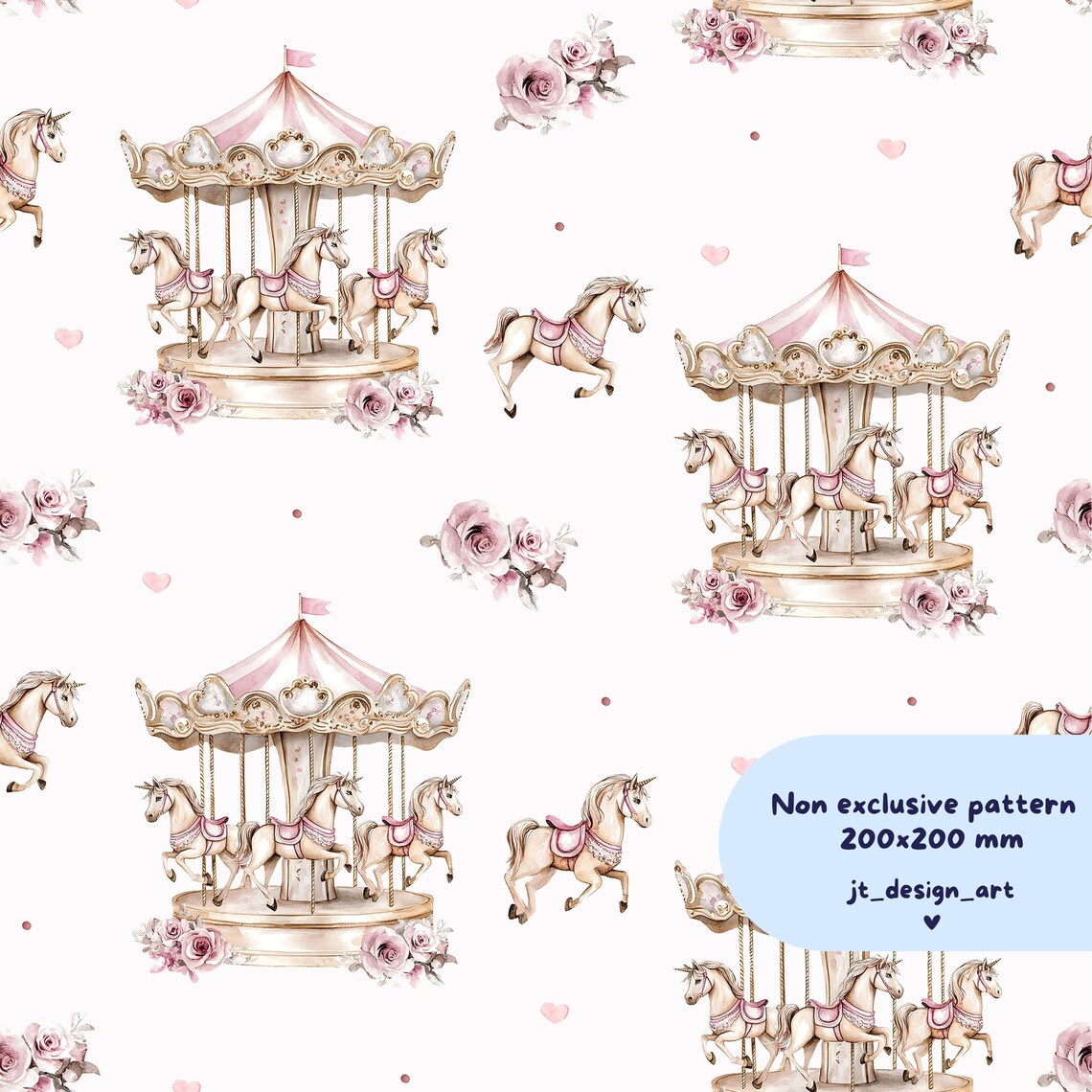 Pink Carousel Horse Seamless Pattern: Vintage Roses Nursery Art ...