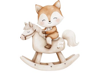 Cute Bunny on Wooden Horse Watercolor Clipart, Wooden Rocking Horse Toy ...