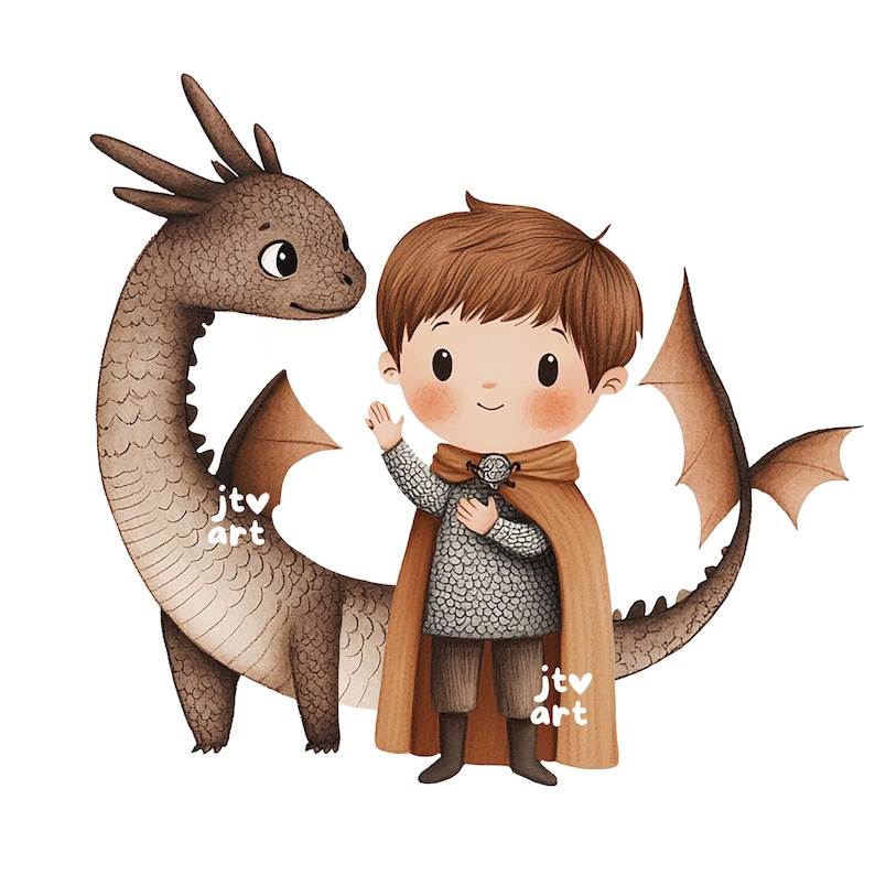 Dragon & Knight Watercolor Clipart: Magical Nursery Art (PNG Digital ...