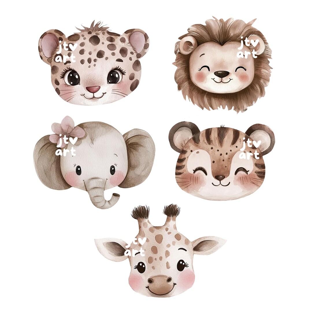 Cute Safari Animals Face Clipart, Giraffe, Lion, Elephant, Leopard PNG ...