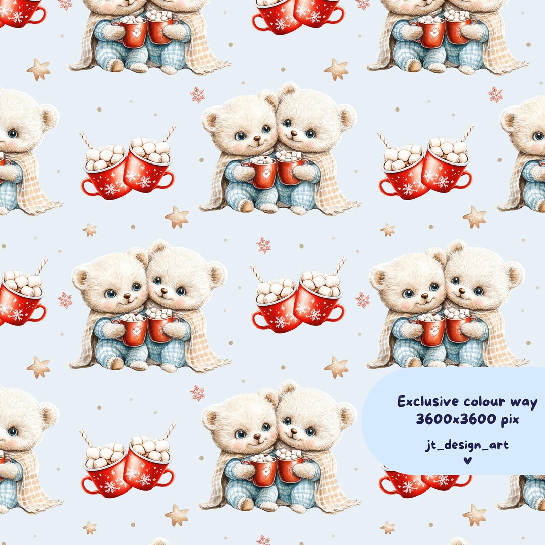 Winter Blue Teddy Bear Pattern Seamless, Hot Cocoa Mugs Seamless ...