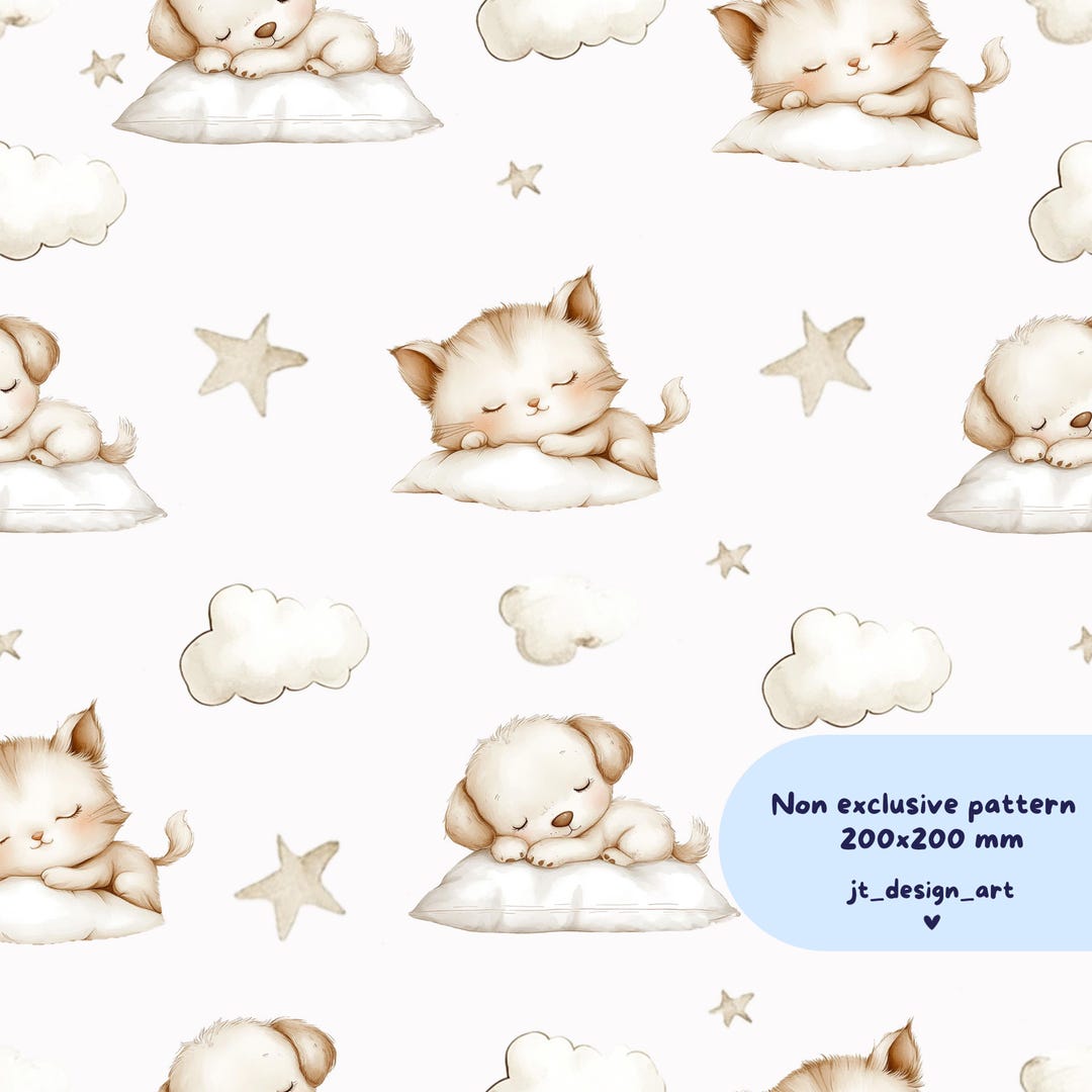 Cute Watercolor Kittens and Puppies Seamless Pattern File, Sleeping ...