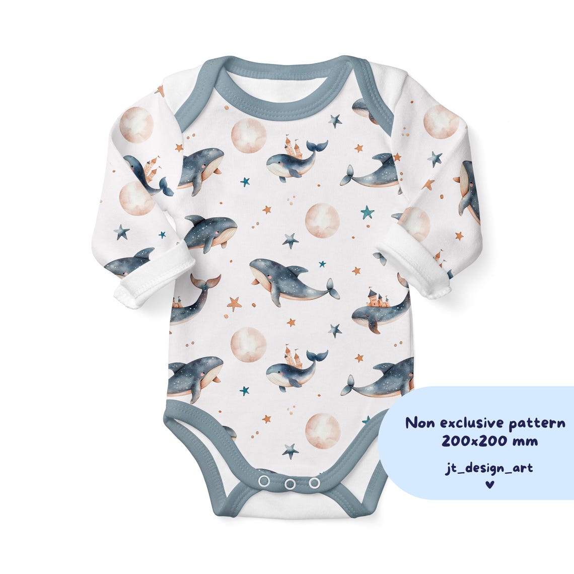 Celestial Cute Blue Whales Digital Pattern, Sea Animal Seamless Pattern, Ocean Repeat Design ...