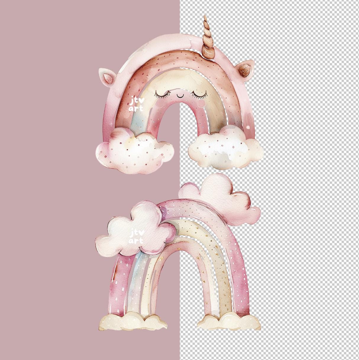 Pastel Pink Unicorn Rainbow Watercolor Clipart: Fantasy Nursery (PNG ...