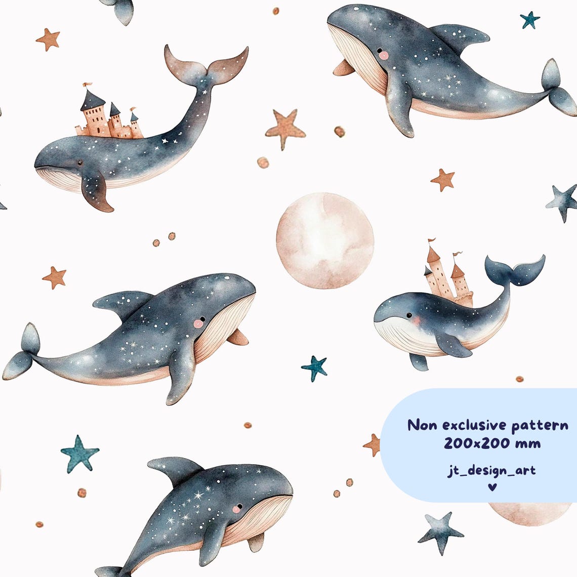 Celestial Cute Blue Whales Digital Pattern, Sea Animal Seamless Pattern, Ocean Repeat Design ...