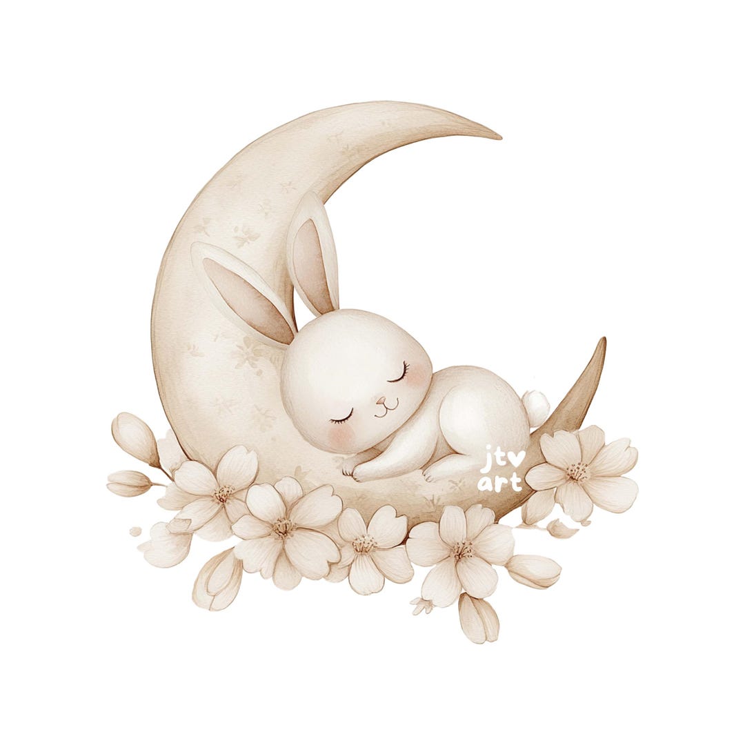 Watercolor Bunny Clipart: Sleeping Rabbit on Moon With Flowers (PNG ...