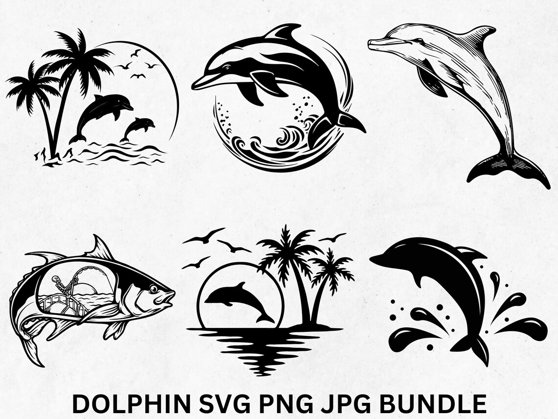 Dolphin Palm Tree Sunset, Dolphin SVG, Dolphin Silhouette, Jumping ...