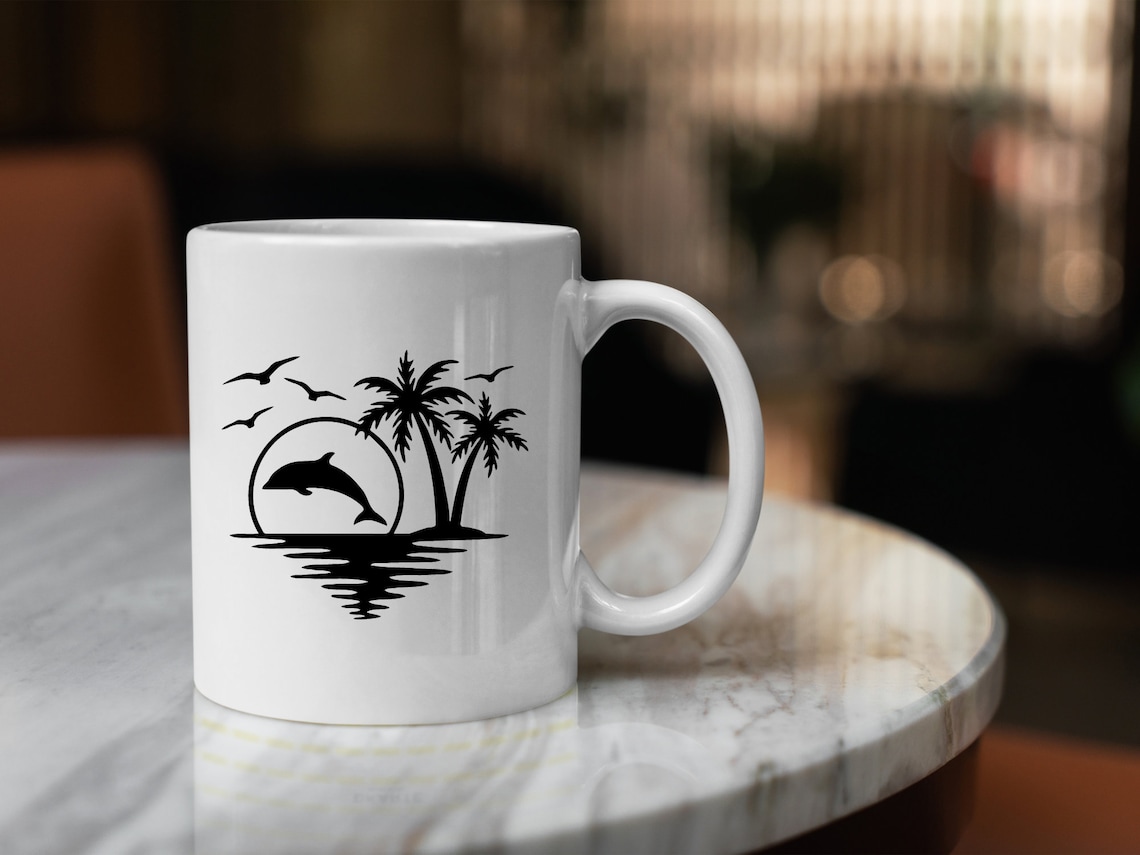 Dolphin Palm Tree Sunset, Dolphin SVG, Dolphin Silhouette, Jumping ...