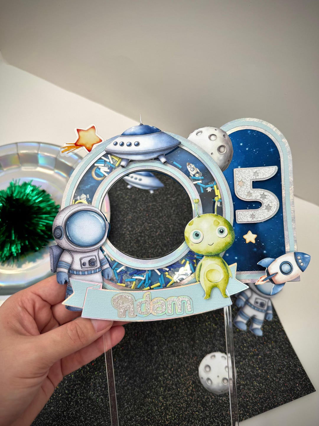 Space Theme Shaker Cake Topper With Light – Personalized Birthday ...