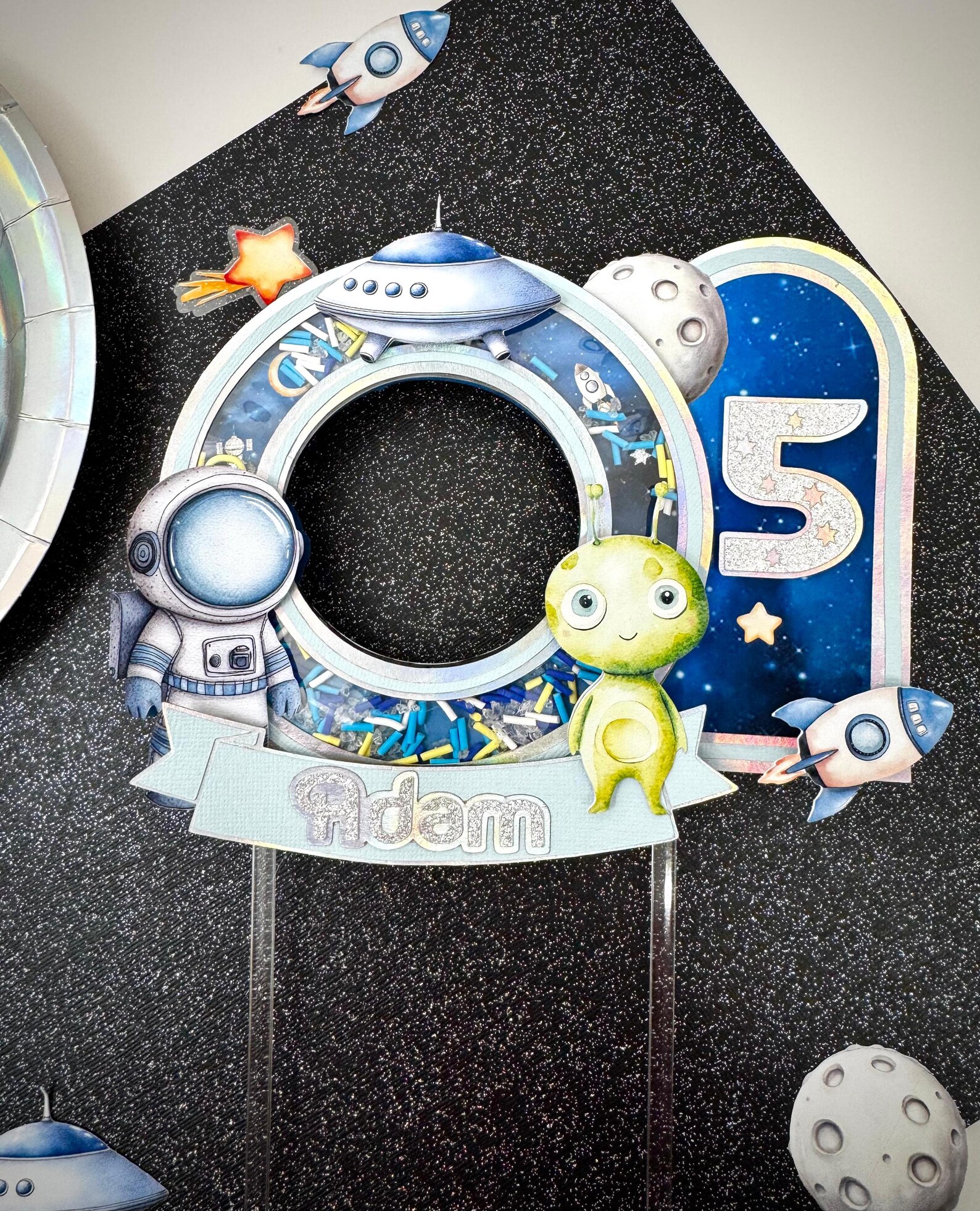 Space Theme Shaker Cake Topper With Light – Personalized Birthday ...