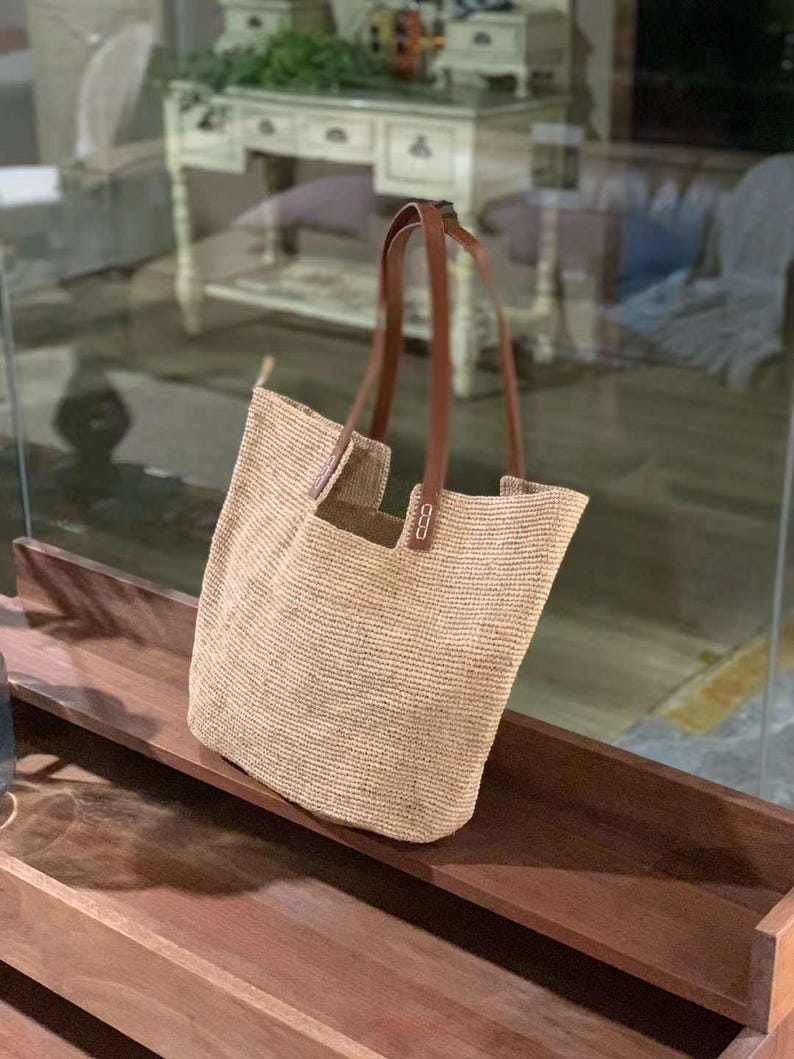 Minimalist Straw Bag With Leather Straps - Unique Raffia Tote Bag for ...