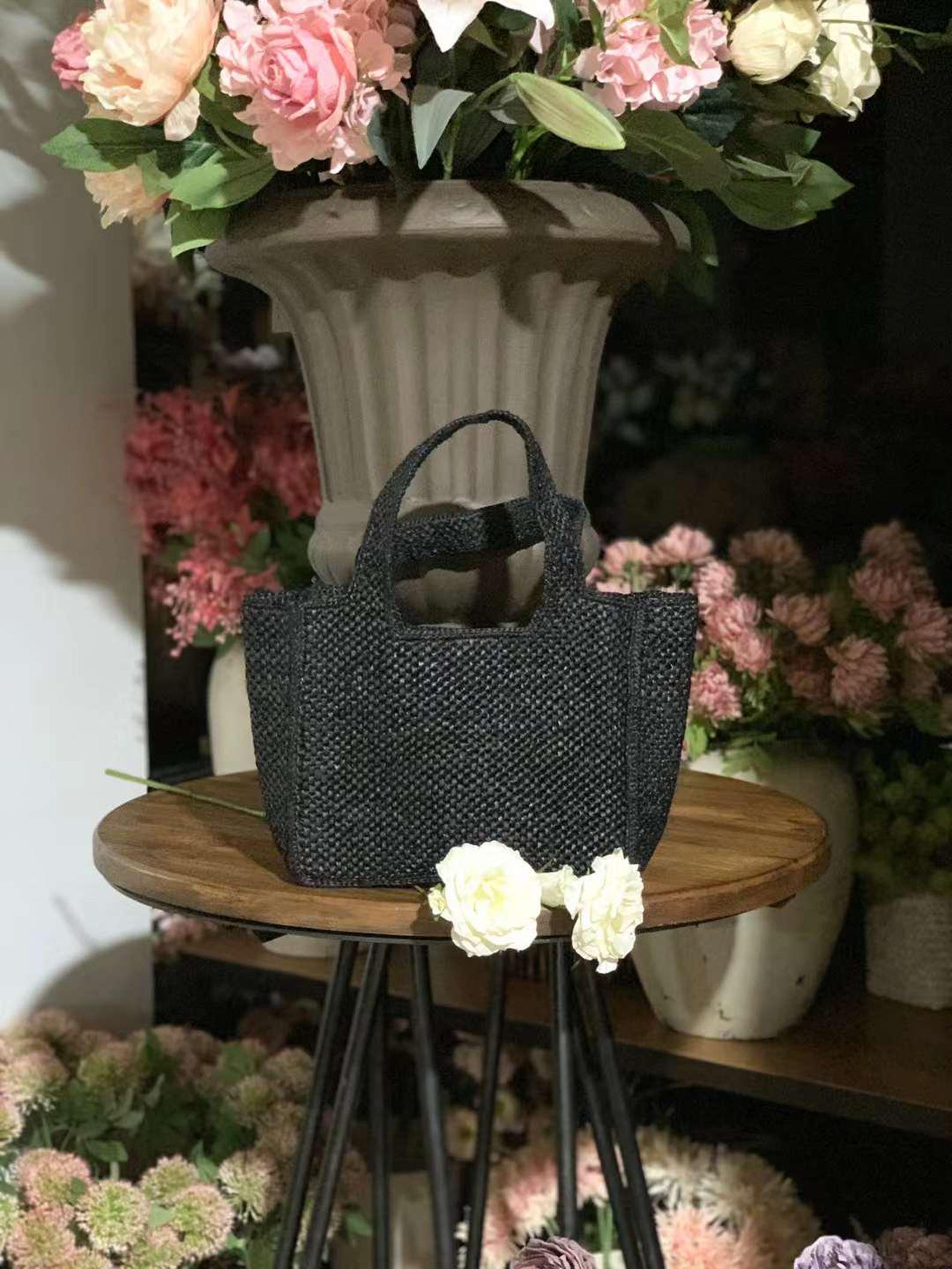 Mini Black Raffia Bag Madagascar - Chic Top Handle Bag for Women, Gift ...
