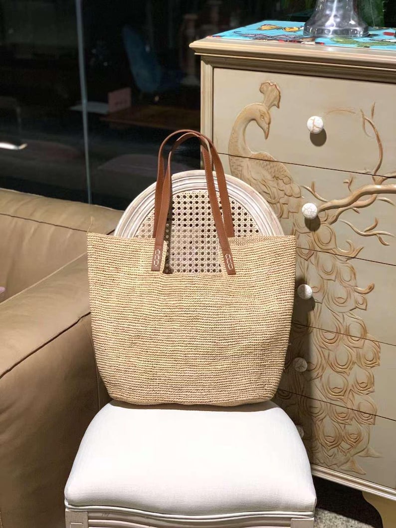 Minimalist Straw Bag With Leather Straps - Unique Raffia Tote Bag for ...