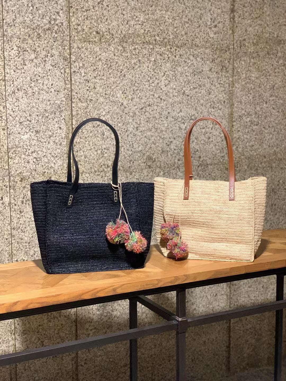 Classic Black Raffia Bag With Leather Straps, Sustainable Raffia Tote ...