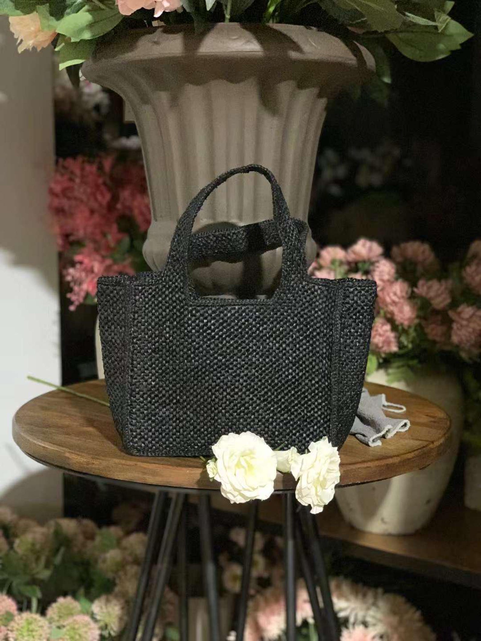Mini Black Raffia Bag Madagascar - Chic Top Handle Bag for Women, Gift ...