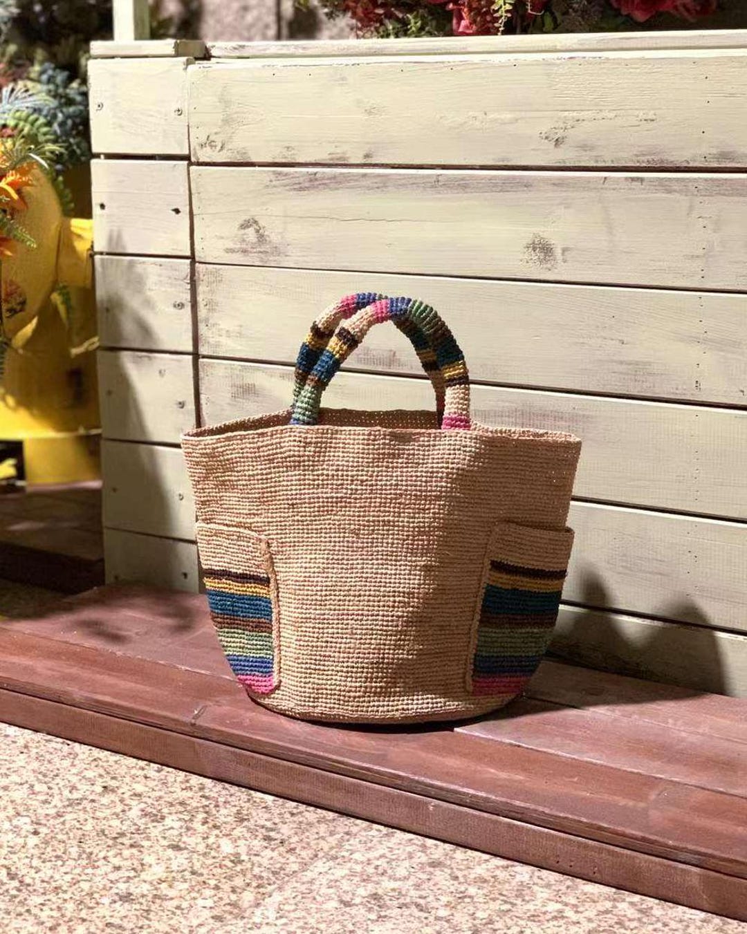 Colorful Top Handle Raffia Bag With Side Pocket - Chic Crochet Straw ...