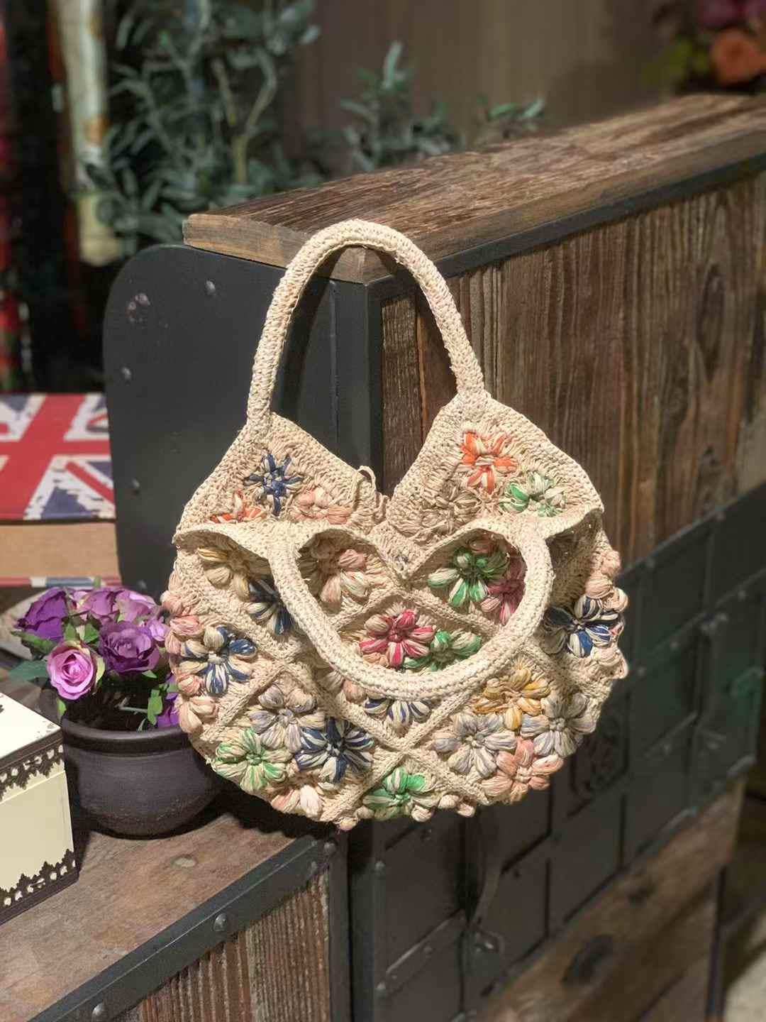 Handmade Raffia Floral Tote Bag – Straw Crochet Bag With Top Handle ...