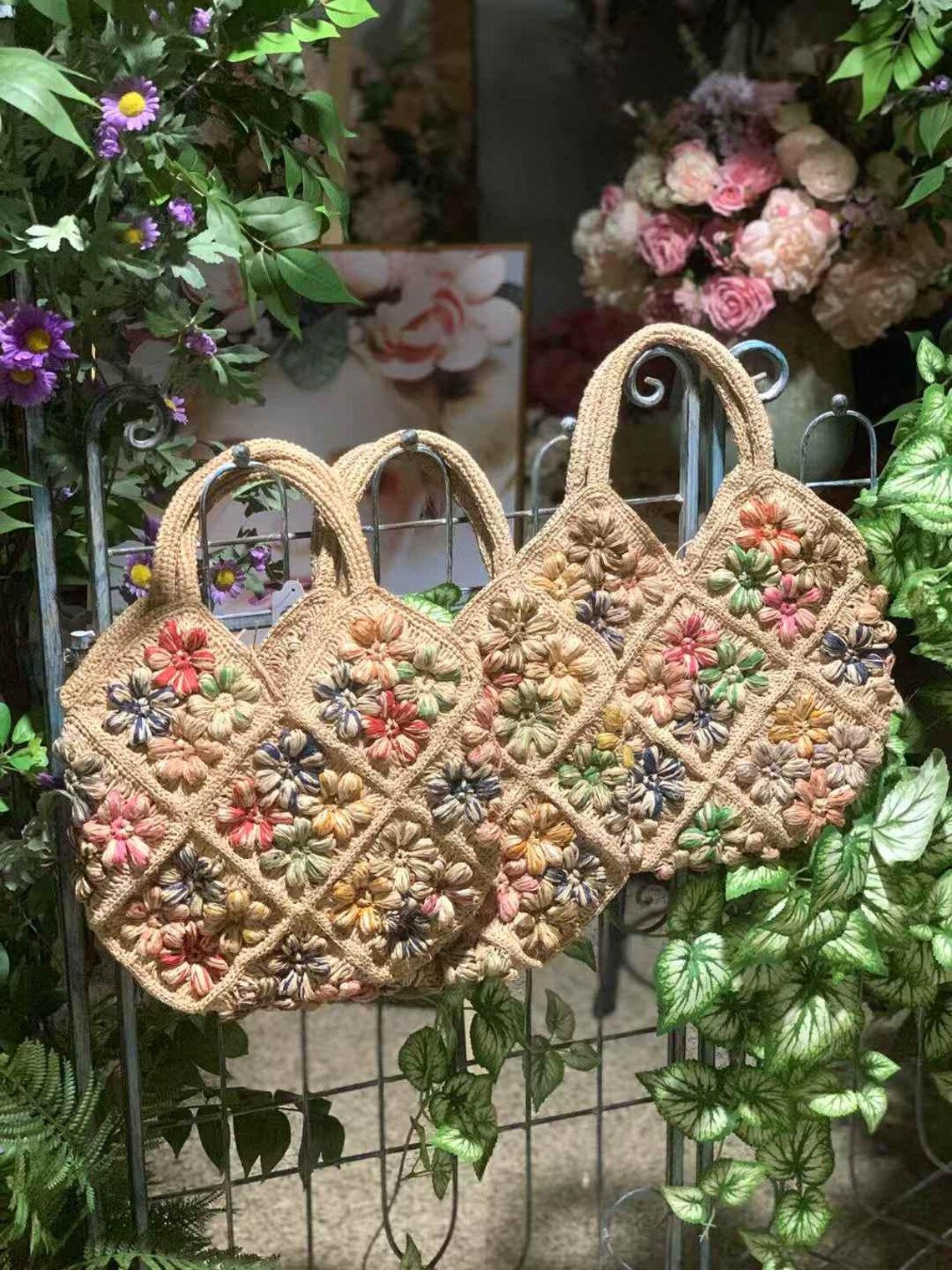 Handmade Raffia Floral Tote Bag – Straw Crochet Bag With Top Handle ...