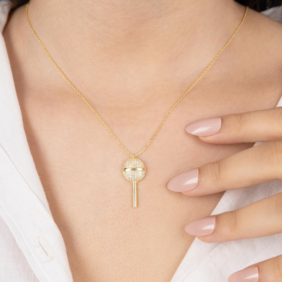 14k Gold Diamond Microphone Pendant Necklace, Musician Necklace ...