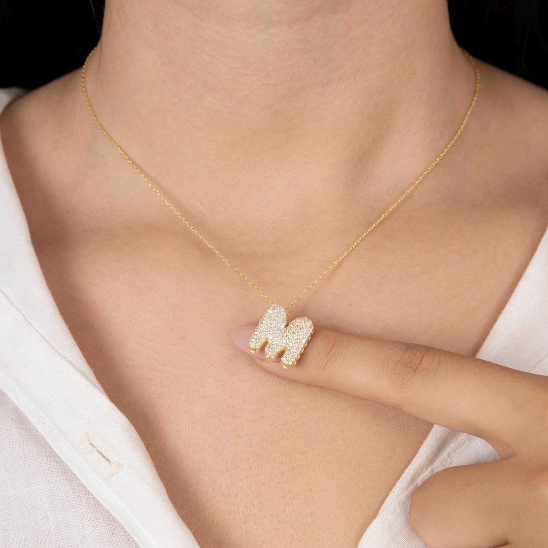 14k Gold Diamond Bubble Letter Initial Pendant, 3D Balloon Diamond ...