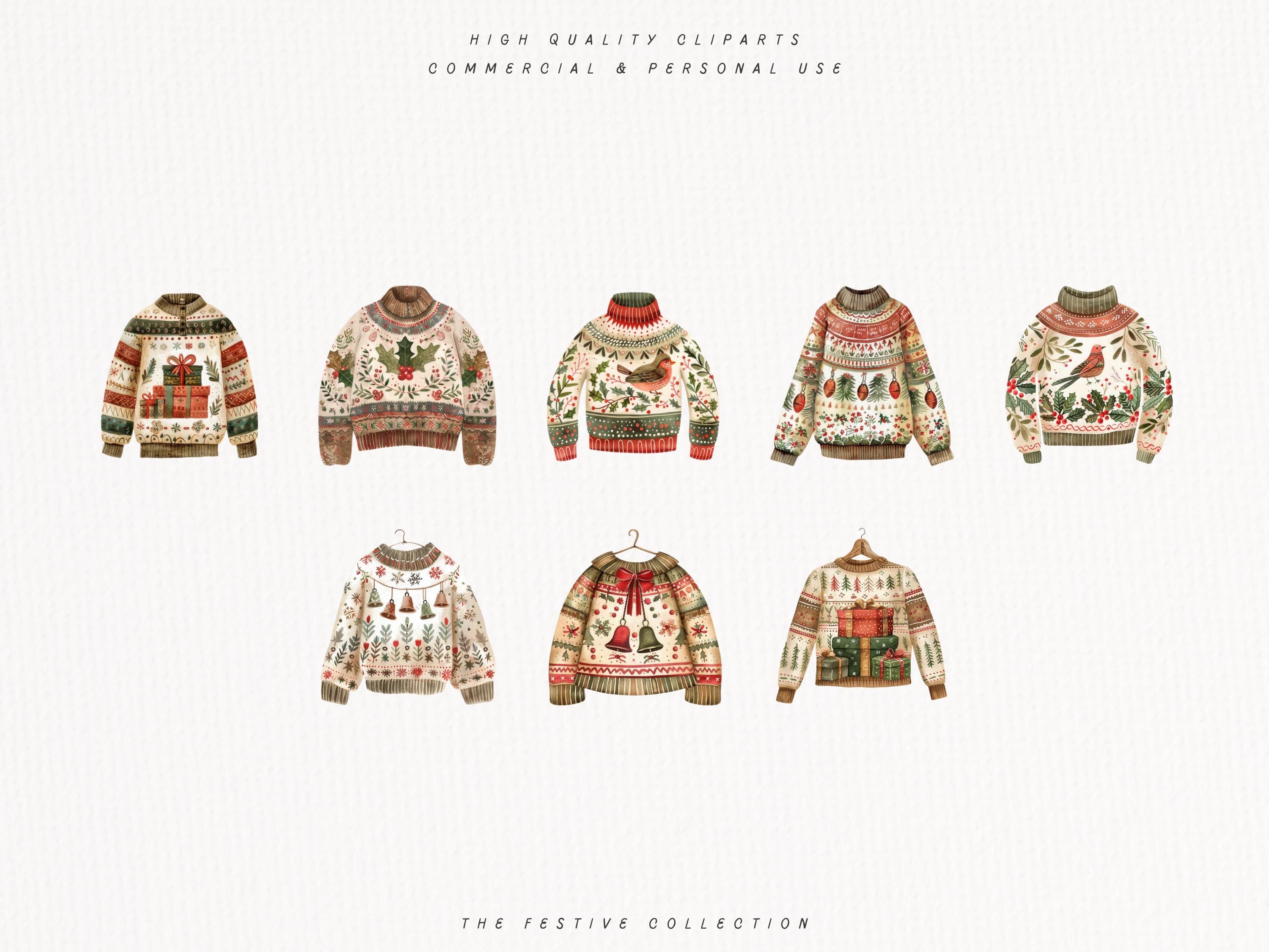 Christmas Sweater Clipart, Folk Patterns Clip Art, Xmas Watercolor PNG ...