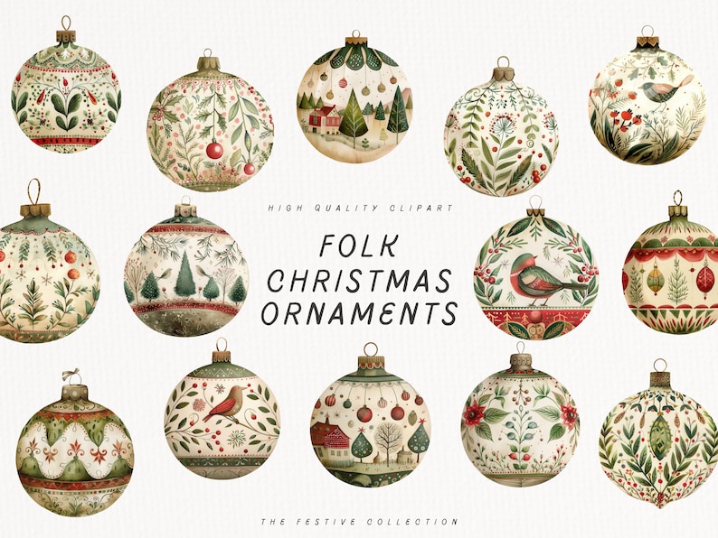 Folk Christmas Ornament Clipart, Watercolor Tree Baubles Clip Art ...