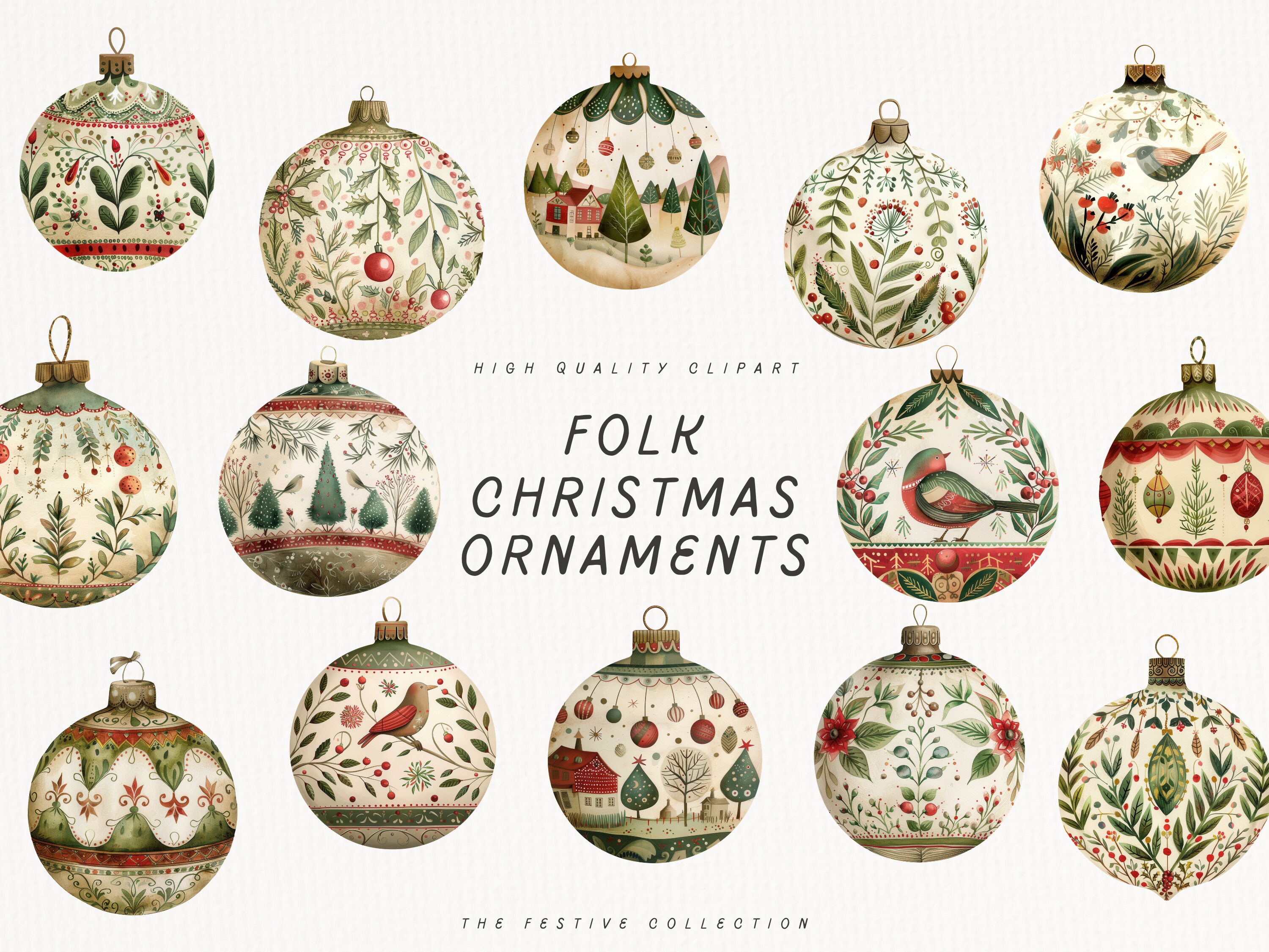 Folk Christmas Ornament Clipart, Watercolor Tree Baubles Clip Art ...