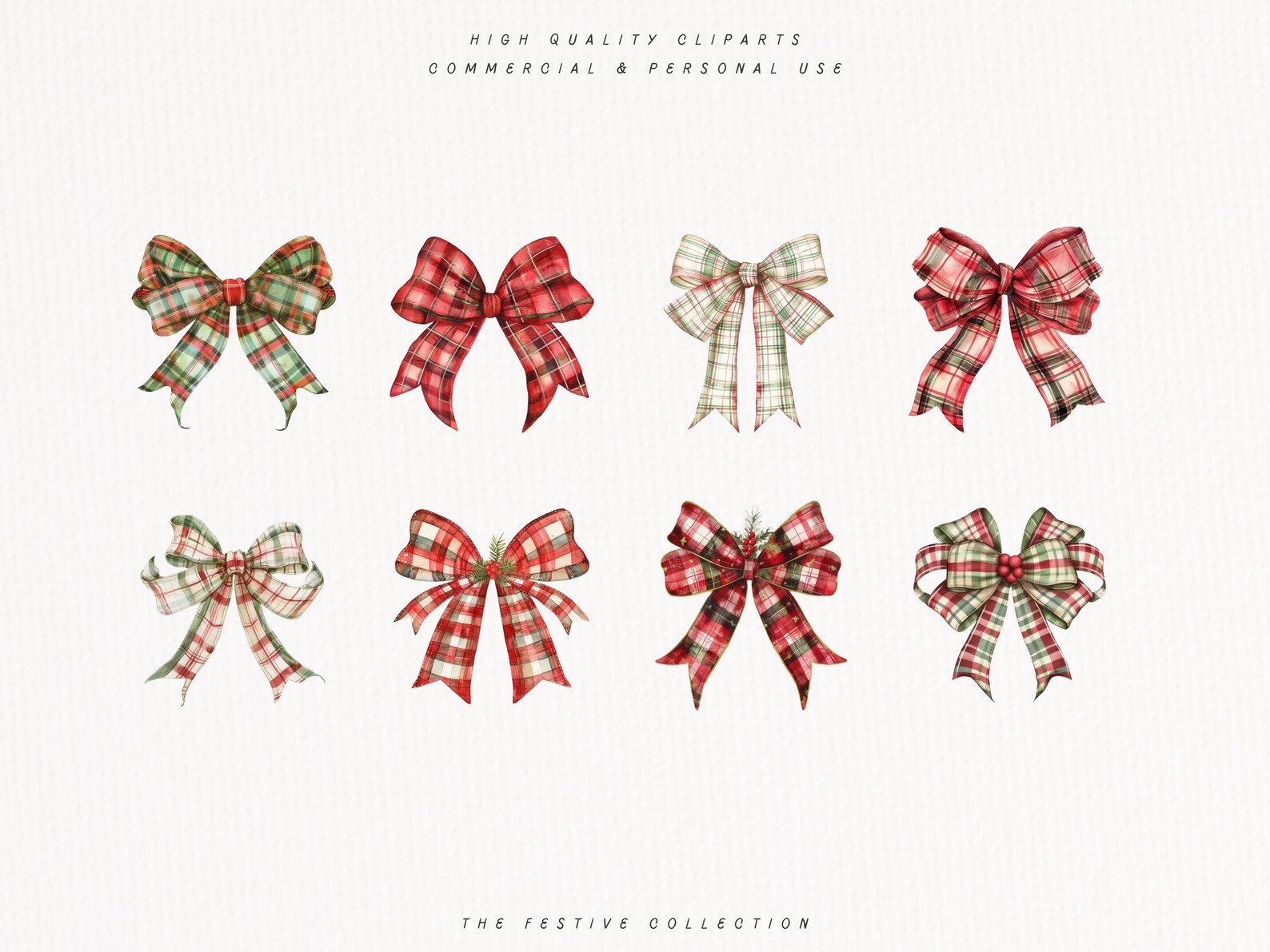 Plaid Christmas Bows, Watercolor Coquette Red Green & Light Cream ...