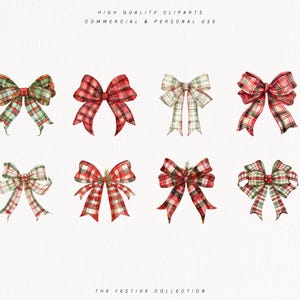 Plaid Christmas Bows, Watercolor Coquette Red Green & Light Cream ...