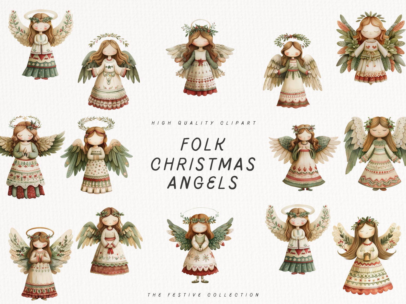 Folk Christmas Angel Clipart, Holiday Season Clip Art, Winter Whimsical ...