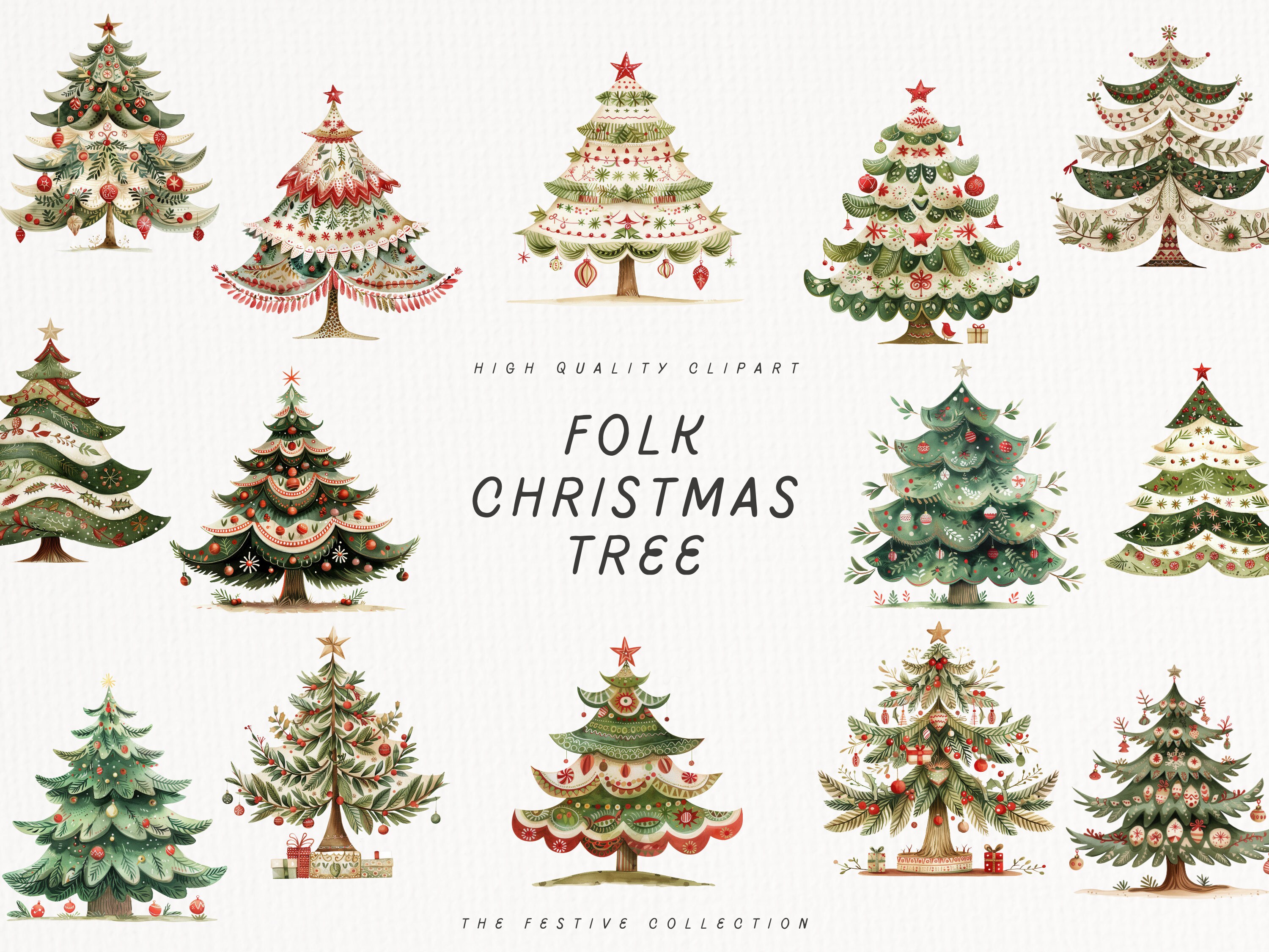 Folk Christmas Tree Clipart, Winter Holiday Season, Festive Pine Tree ...