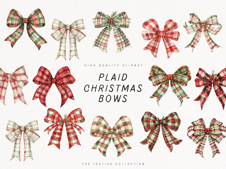 Plaid Christmas Bows, Watercolor Coquette Red Green & Light Cream ...