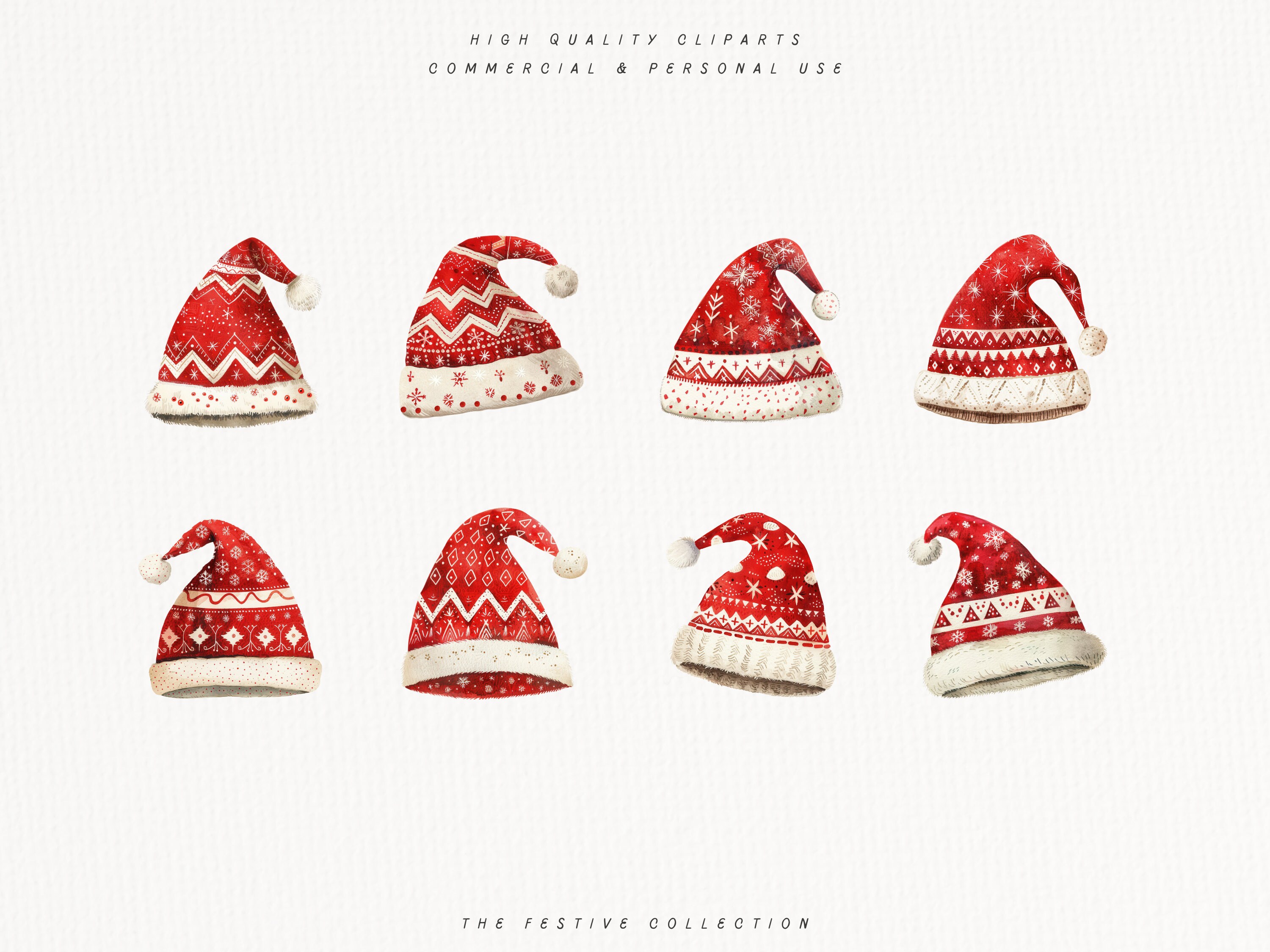 Folk Santa Hat Clipart, Watercolor Clip Art, Santa Claus Red Winter Hat ...