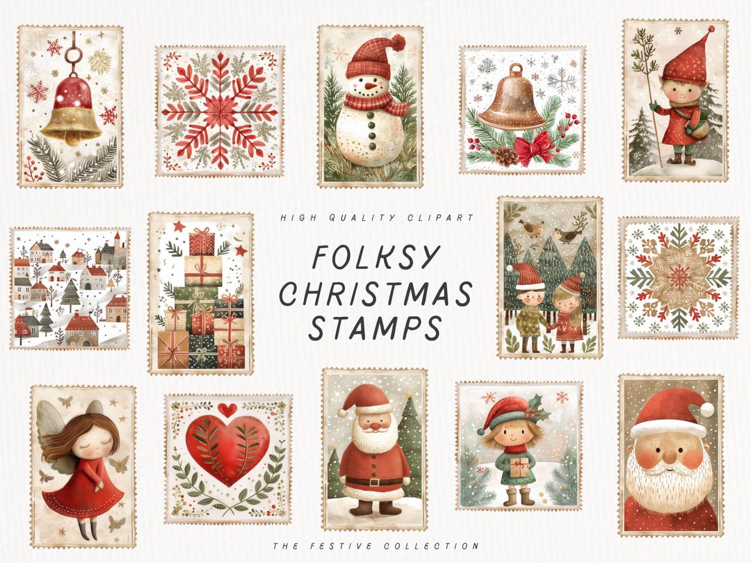 Christmas Stamps Clipart, Folk Clip Art, DIY Printable Stamps Holiday ...
