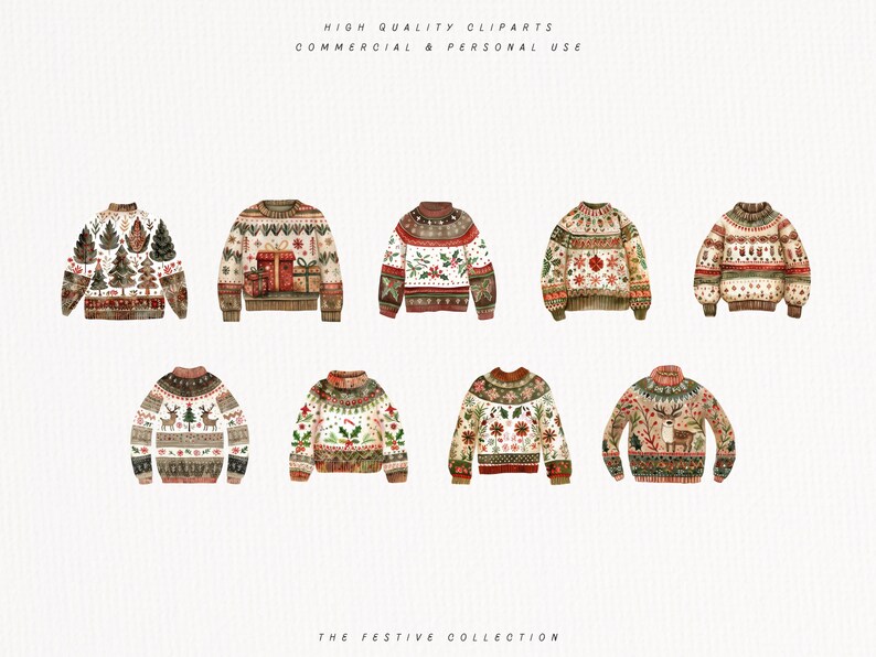 Christmas Sweater Clipart, Folk Patterns Clip Art, Xmas Watercolor PNG ...