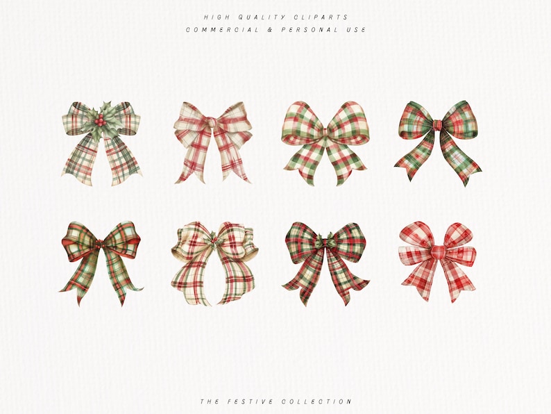 Plaid Christmas Bows, Watercolor Coquette Red Green & Light Cream ...
