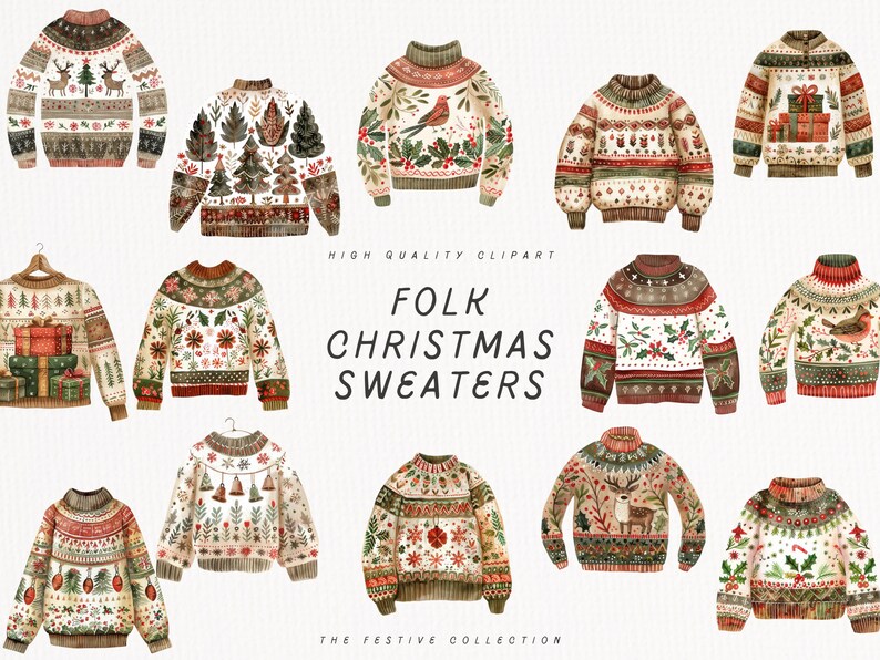 Christmas Sweater Clipart, Folk Patterns Clip Art, Xmas Watercolor PNG ...