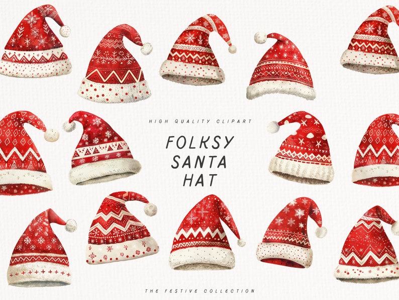 Folk Santa Hat Clipart, Watercolor Clip Art, Santa Claus Red Winter Hat ...