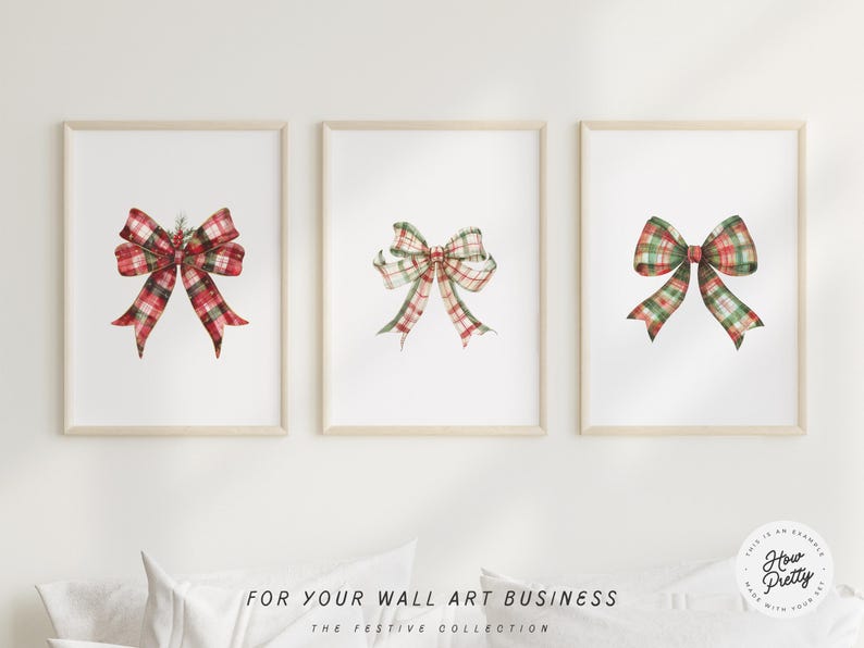 Plaid Christmas Bows, Watercolor Coquette Red Green & Light Cream ...