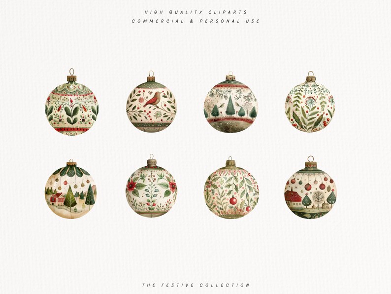 Folk Christmas Ornament Clipart, Watercolor Tree Baubles Clip Art ...