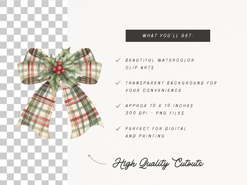 Plaid Christmas Bows, Watercolor Coquette Red Green & Light Cream ...