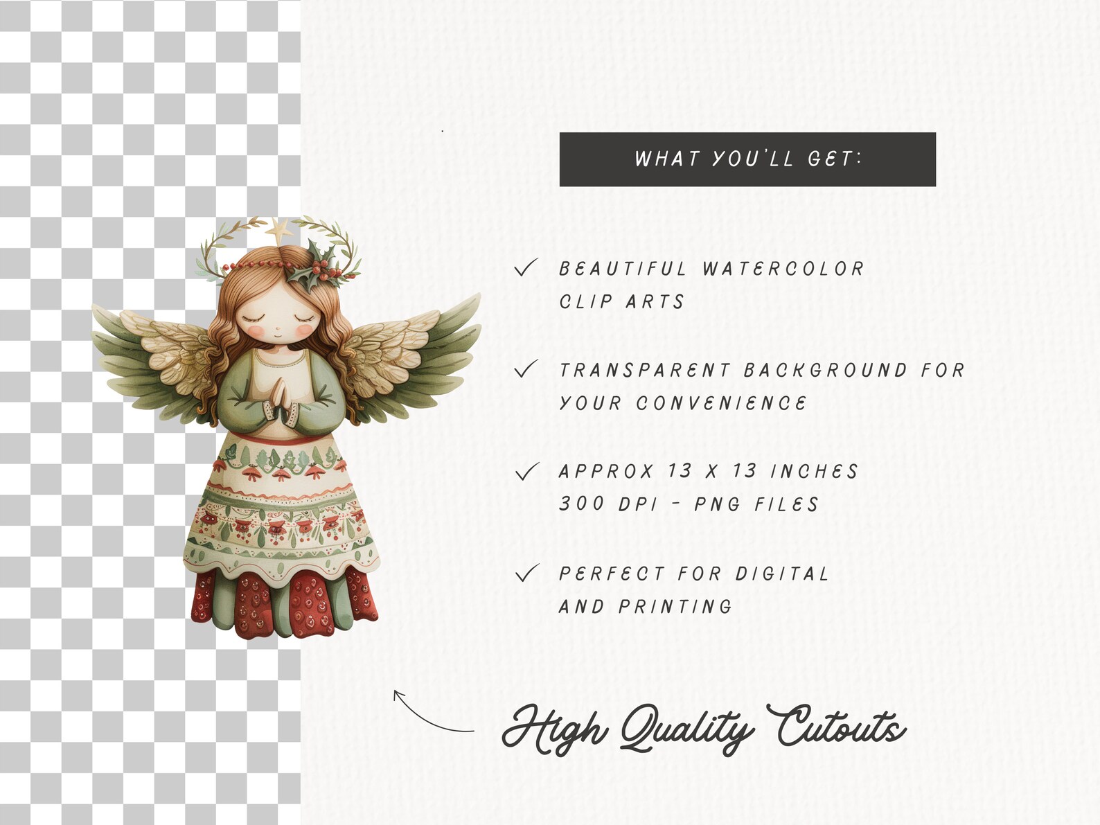 Folk Christmas Angel Clipart, Holiday Season Clip Art, Winter Whimsical ...