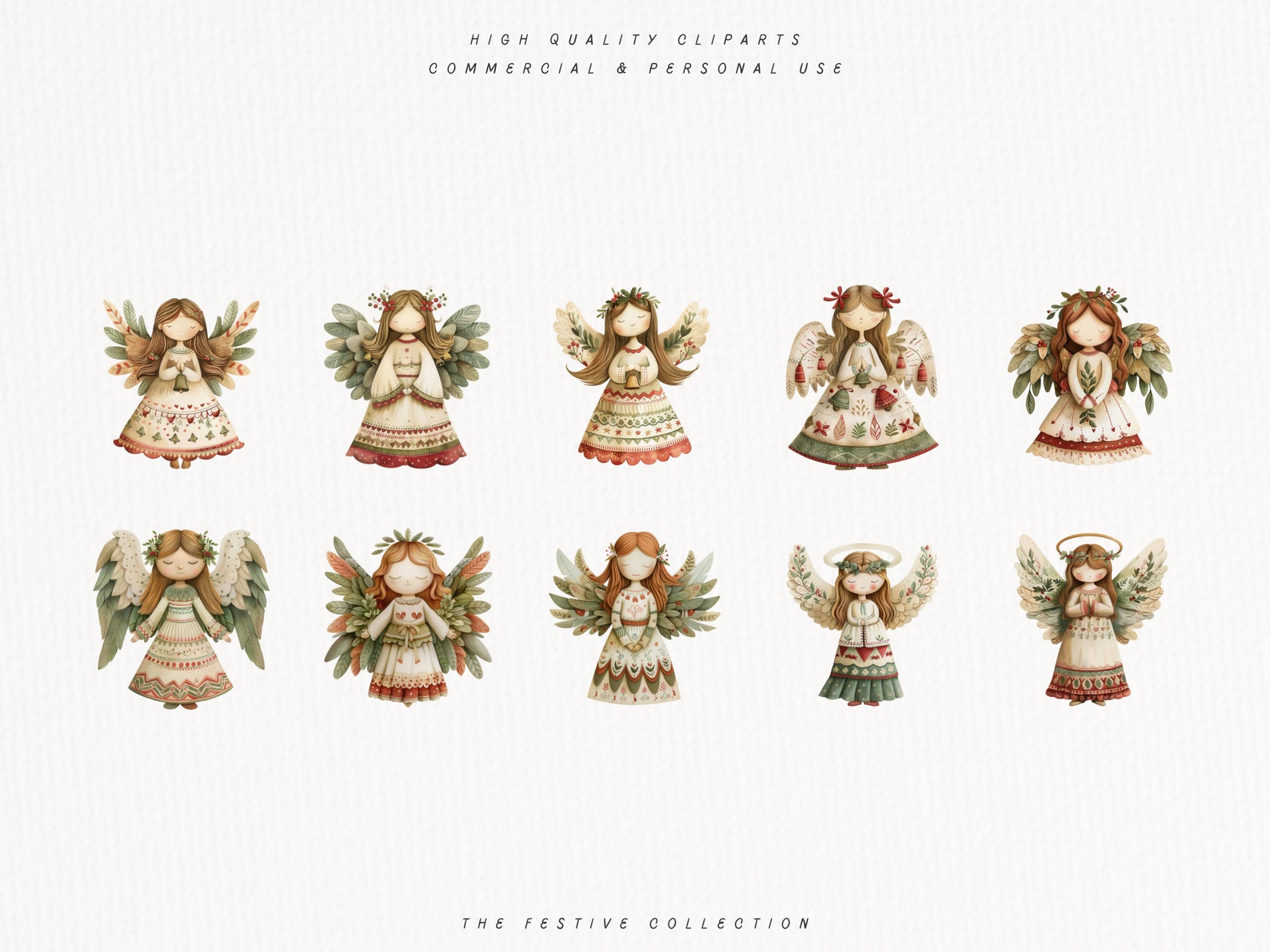 Folk Christmas Angel Clipart, Holiday Season Clip Art, Winter Whimsical ...