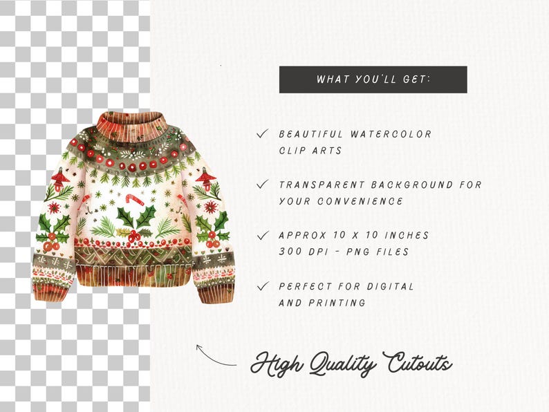 Christmas Sweater Clipart, Folk Patterns Clip Art, Xmas Watercolor PNG ...