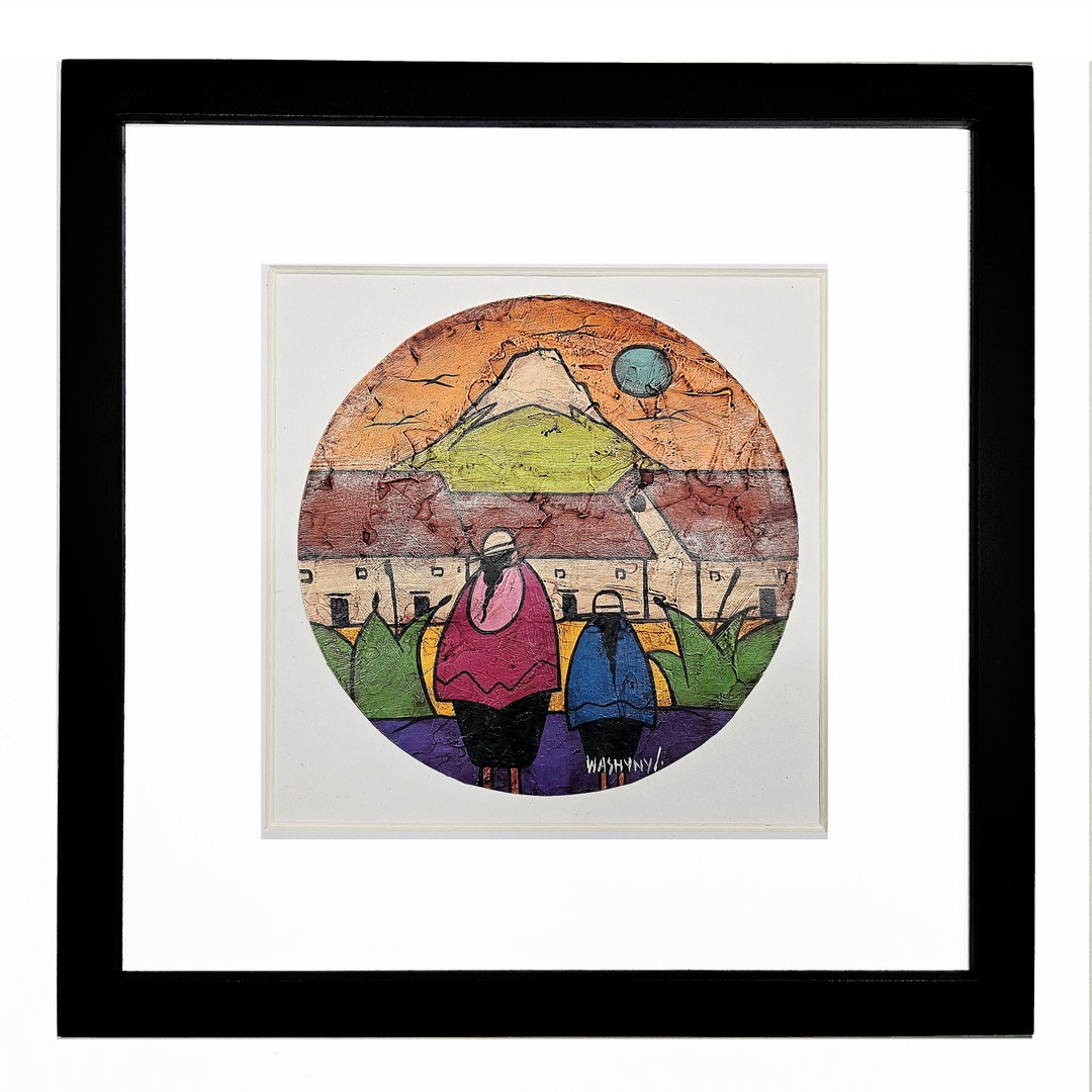 Andean Landscape, Yellow Sky, Volcano, Native Woman, Acrylic on Paper ...