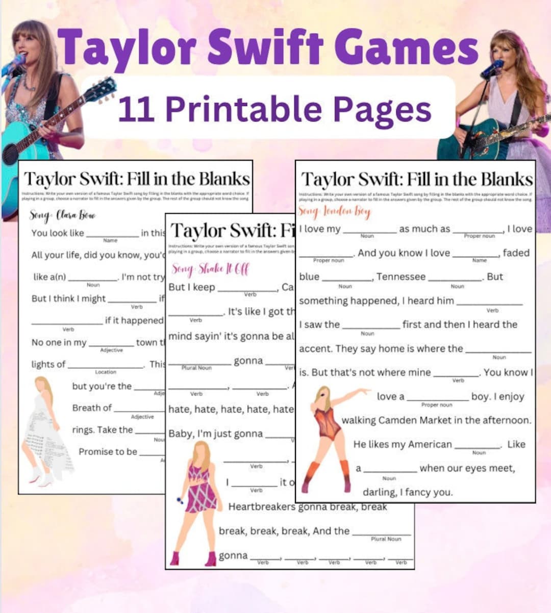 Taylor Swift Song Themed Fill in the Blanks, Swiftie Party Games ...