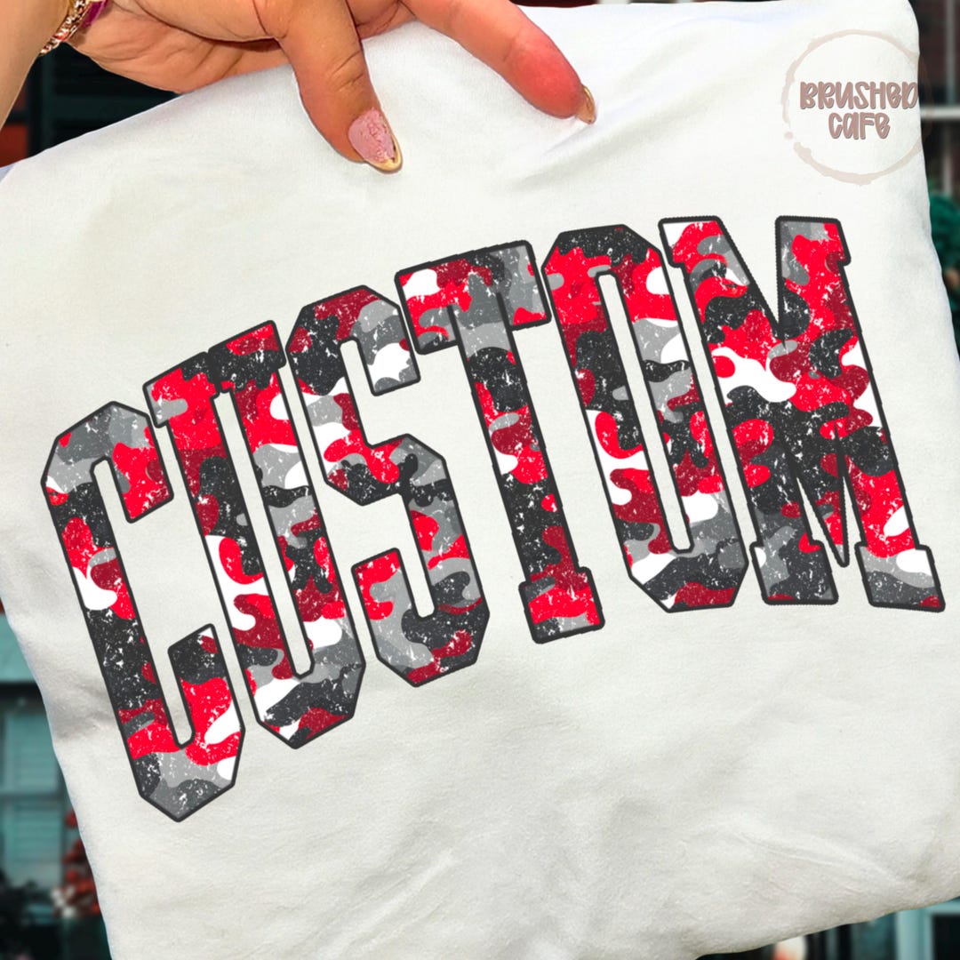Custom Camo Name PNG: Red and Black Camo Distressed Varsity Font ...